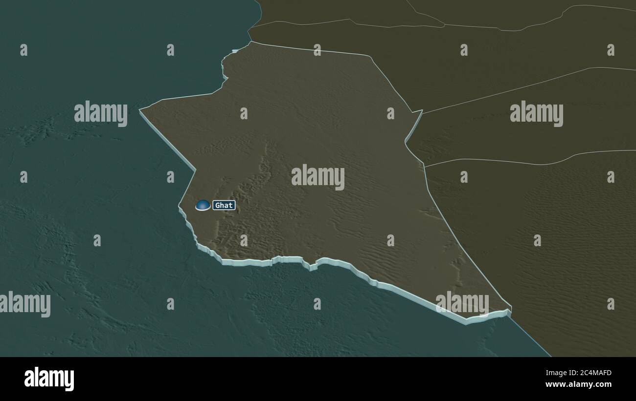 Zoom in on Ghat (district of Libya) extruded. Oblique perspective ...
