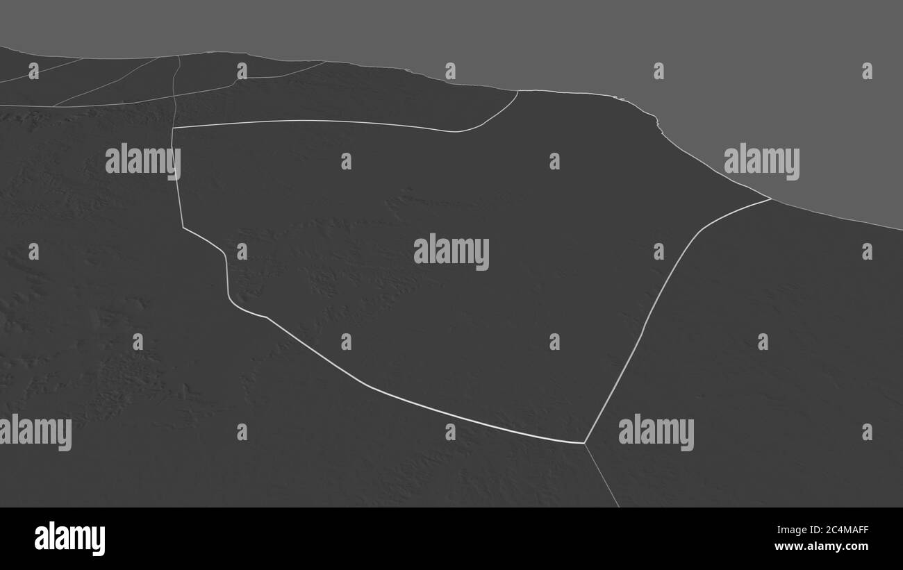 Zoom in on Misratah (district of Libya) outlined. Oblique perspective ...