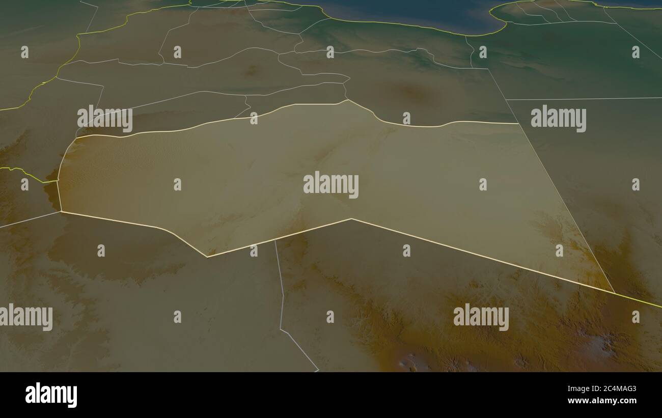 Zoom in on Murzuq (district of Libya) outlined. Oblique perspective ...