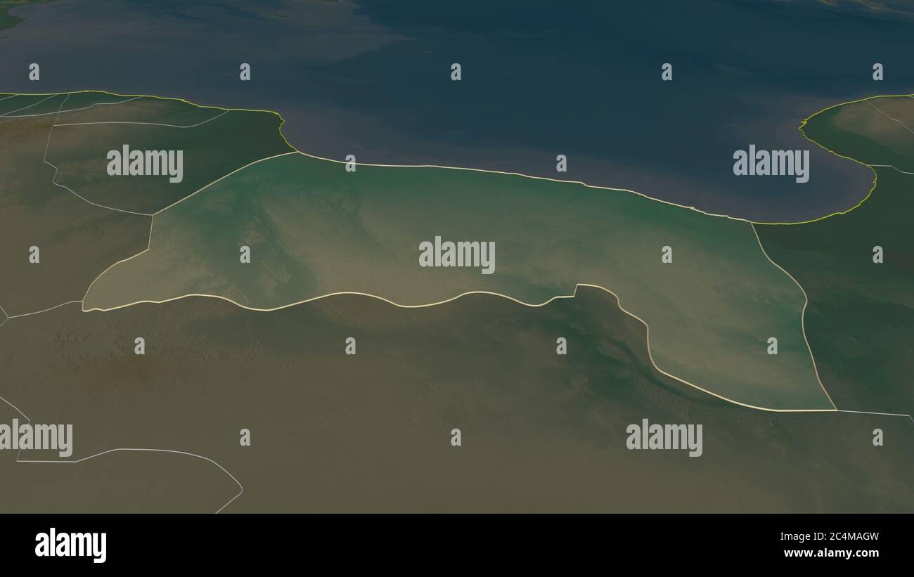 Zoom in on Surt (district of Libya) outlined. Oblique perspective ...
