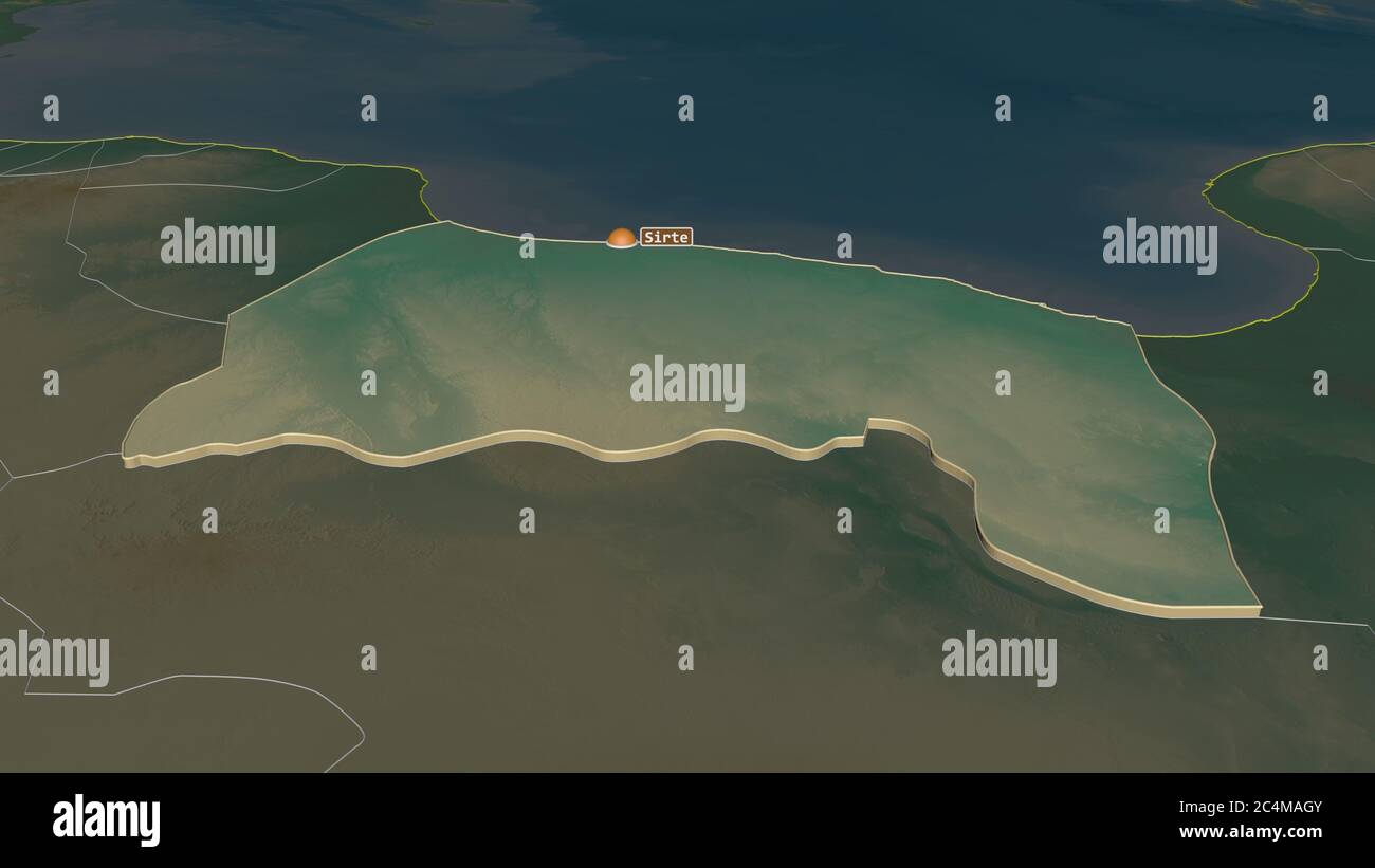 Zoom in on Surt (district of Libya) extruded. Oblique perspective ...