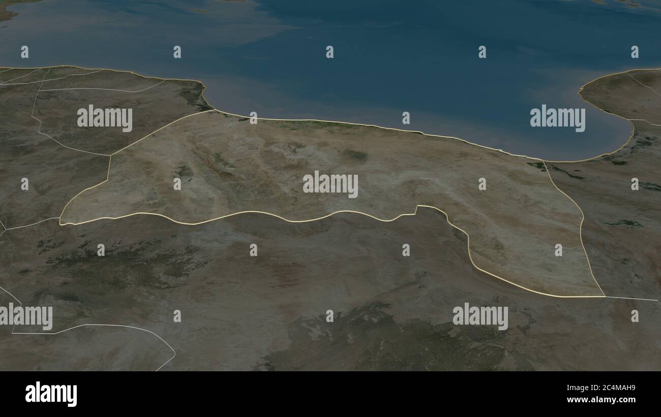 Zoom in on Surt (district of Libya) outlined. Oblique perspective ...
