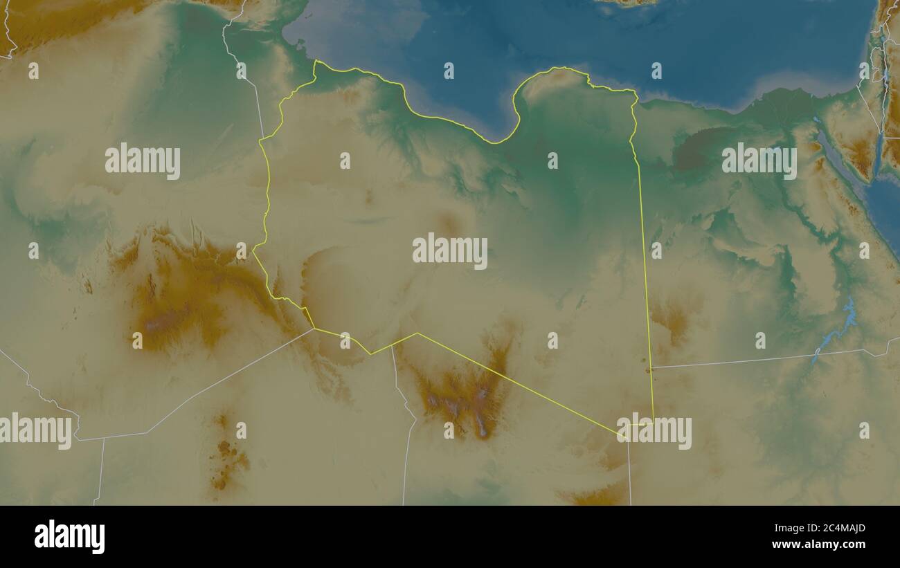 Outlined shape of the Libya area. Topographic relief map with surface ...