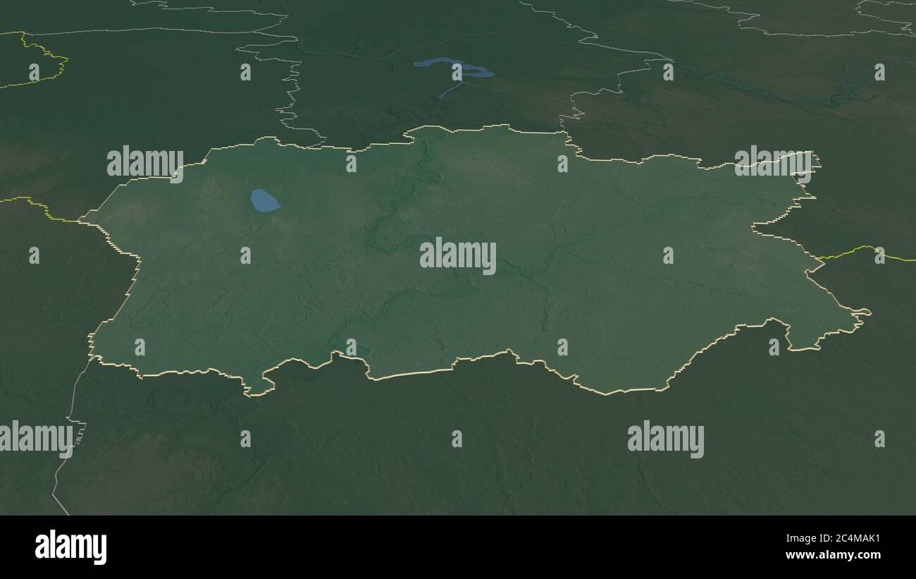 Zoom in on Alytaus (county of Lithuania) outlined. Oblique perspective ...