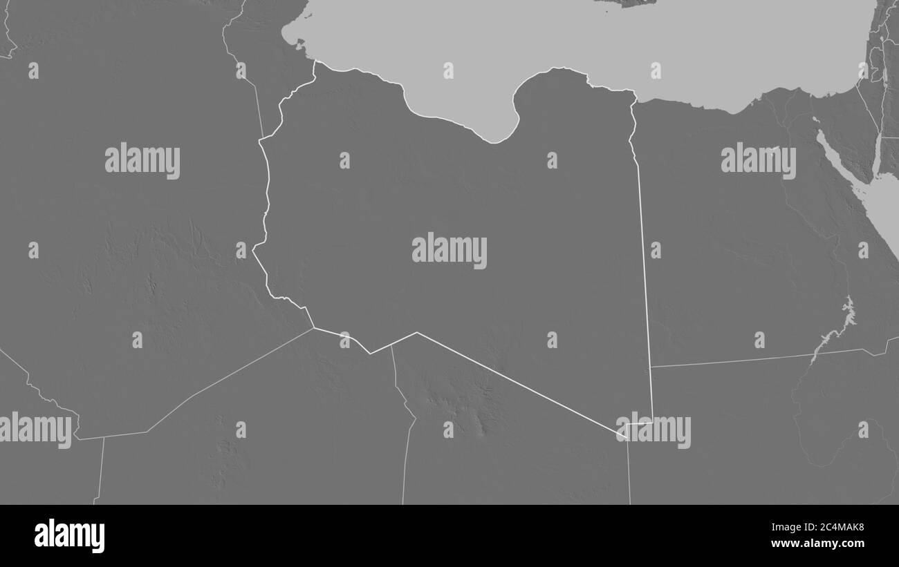 Outlined shape of the Libya area. Bilevel elevation map with surface ...