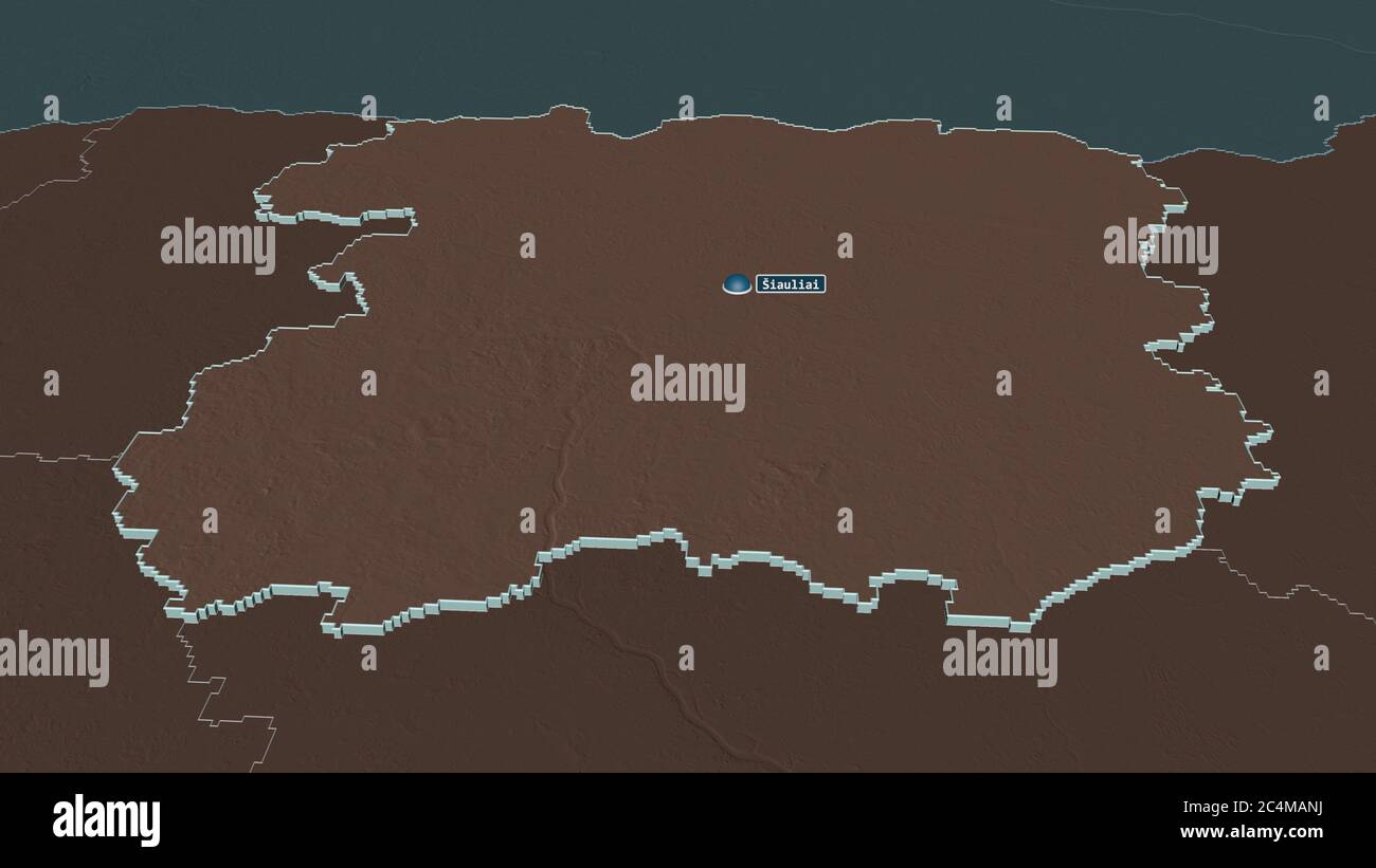 Zoom in on Šiauliai (county of Lithuania) extruded. Oblique perspective ...