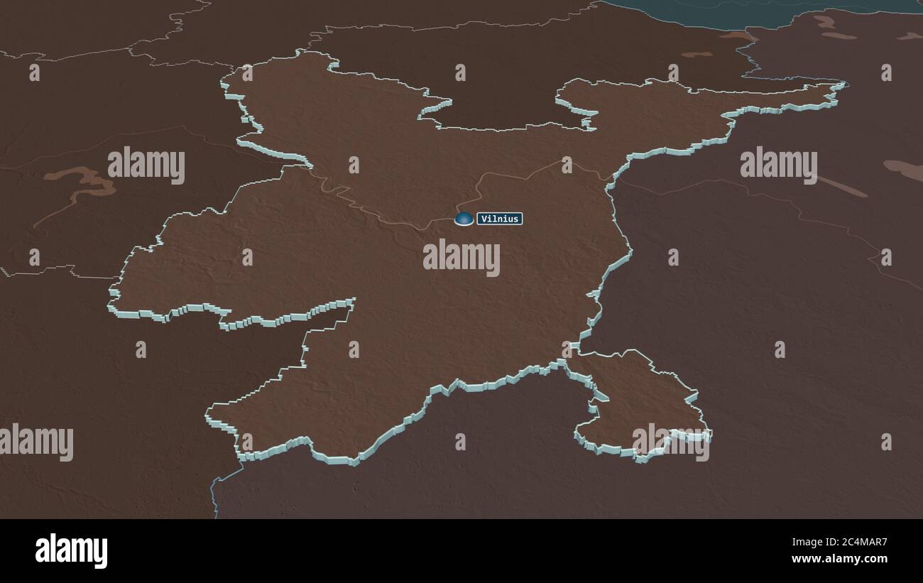 Zoom in on Vilniaus (county of Lithuania) extruded. Oblique perspective ...