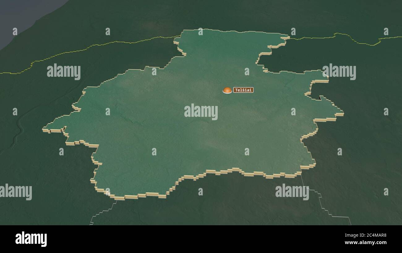 Zoom in on Telšiai (county of Lithuania) extruded. Oblique perspective ...