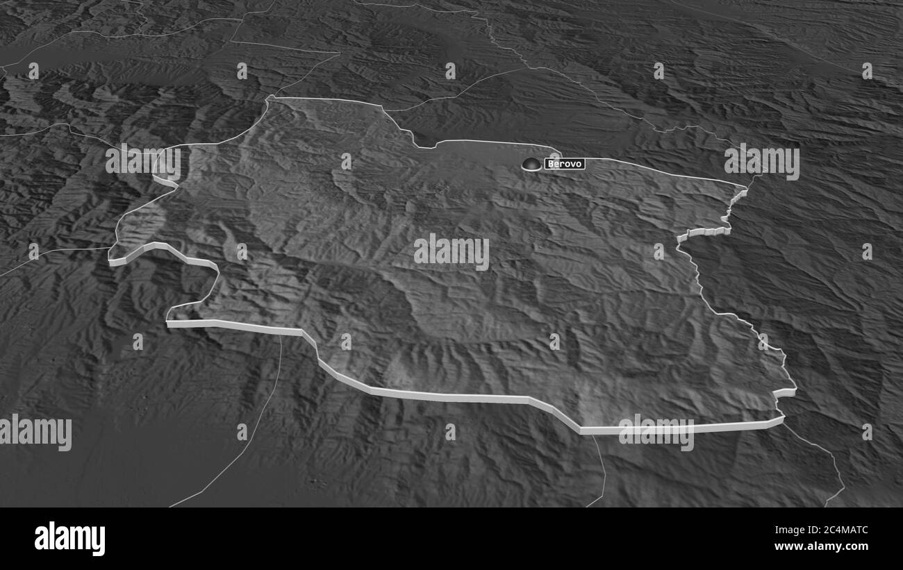 Zoom in on Berovo (municipality of Macedonia) extruded. Oblique ...