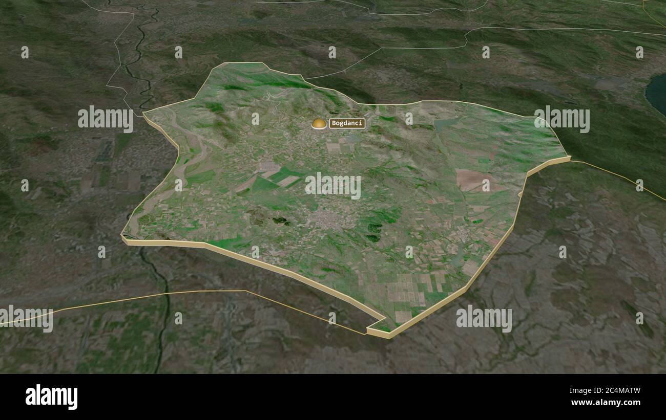 Zoom in on Bogdanci (municipality of Macedonia) extruded. Oblique ...