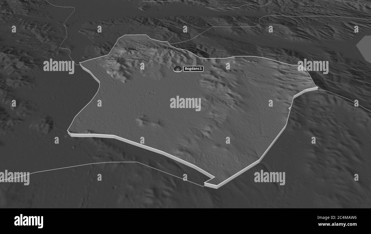 Zoom in on Bogdanci (municipality of Macedonia) extruded. Oblique ...