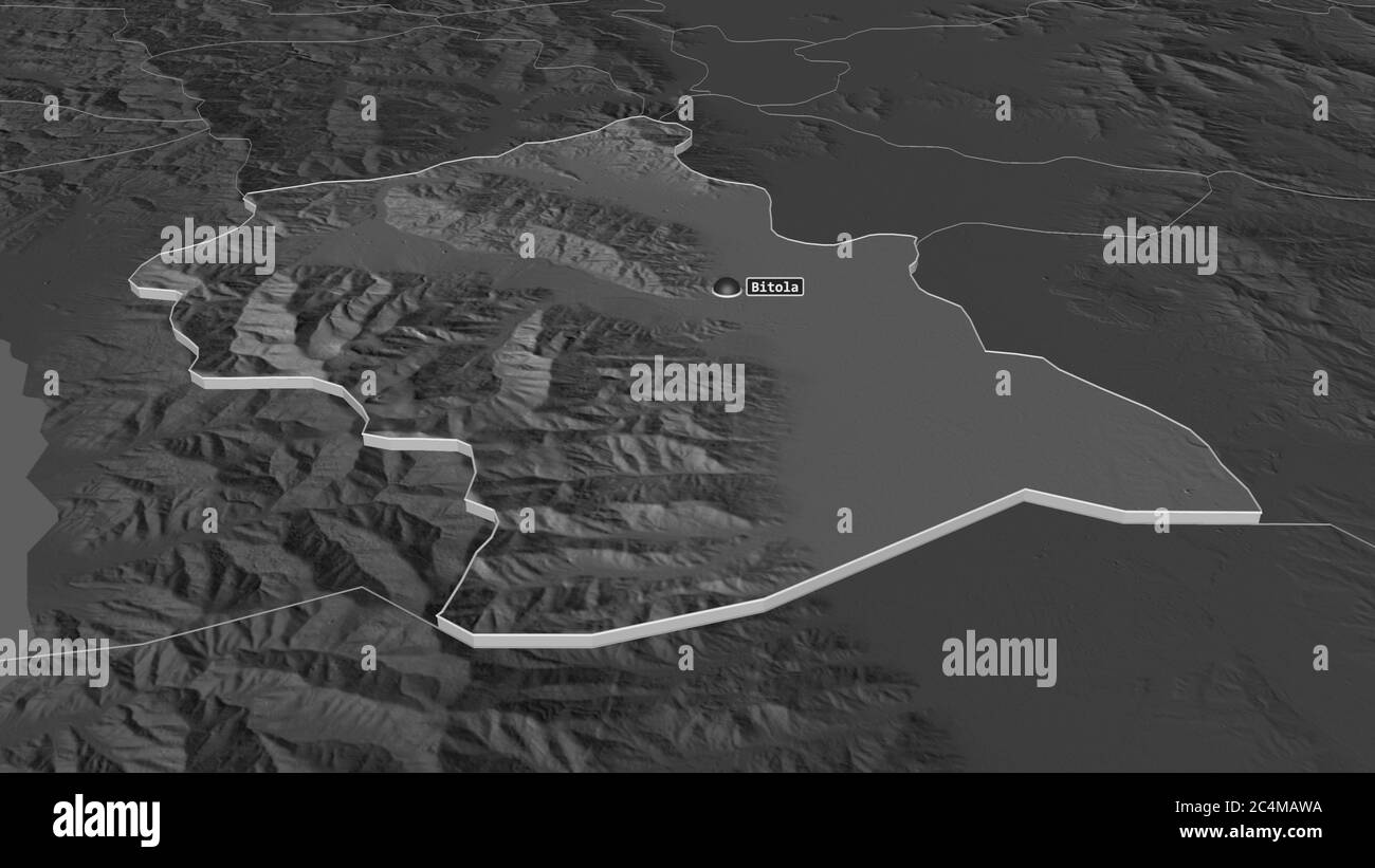 Zoom in on Bitola (municipality of Macedonia) extruded. Oblique ...