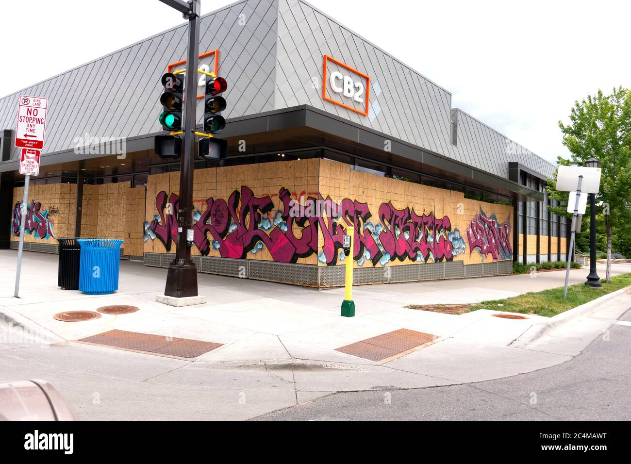 George floyd plywood boarded windows riot cb2 store uptown hi-res stock ...