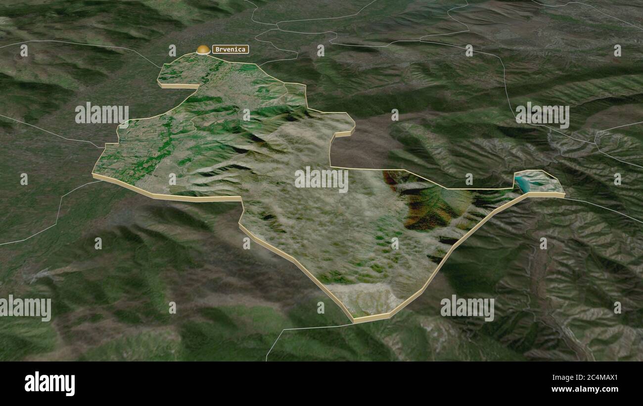 Zoom in on Brvenica (municipality of Macedonia) extruded. Oblique ...