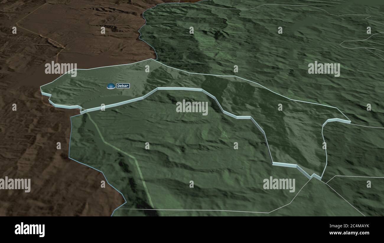 Zoom in on Debar (municipality of Macedonia) extruded. Oblique ...