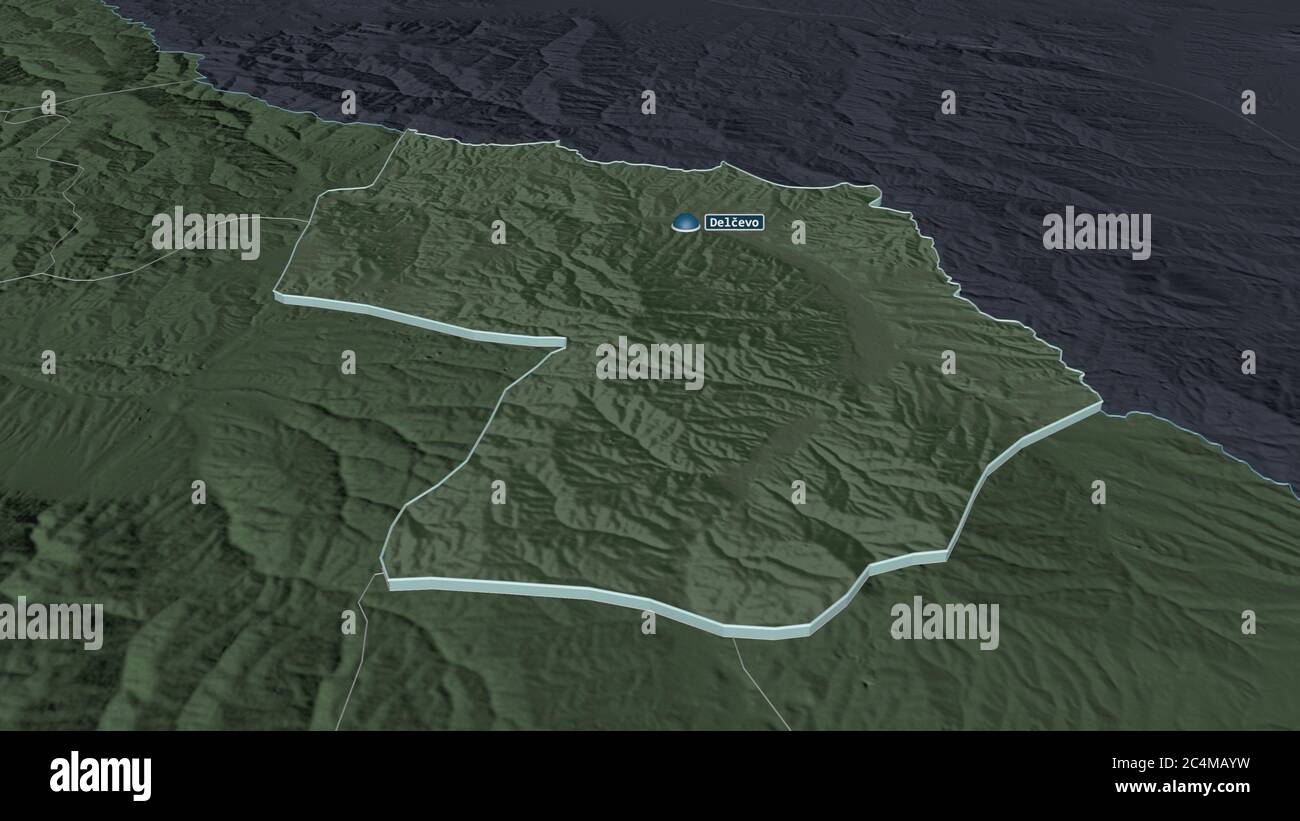 Zoom in on Delčevo (municipality of Macedonia) extruded. Oblique ...