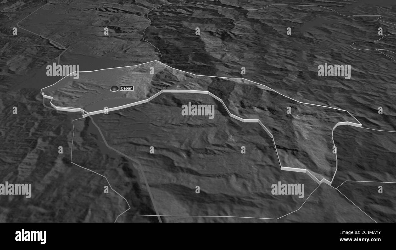 Zoom in on Debar (municipality of Macedonia) extruded. Oblique ...