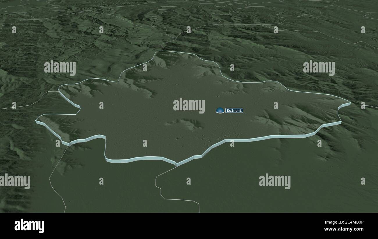 Zoom in on Dolneni (municipality of Macedonia) extruded. Oblique ...