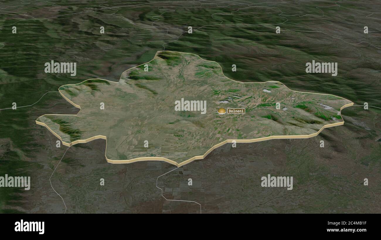 Zoom in on Dolneni (municipality of Macedonia) extruded. Oblique ...