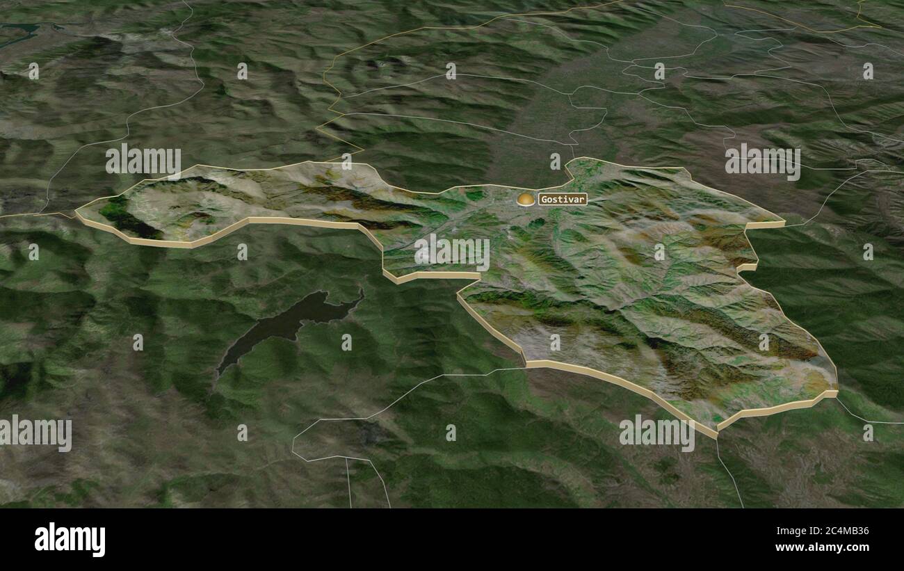 Zoom in on Gostivar (municipality of Macedonia) extruded. Oblique ...