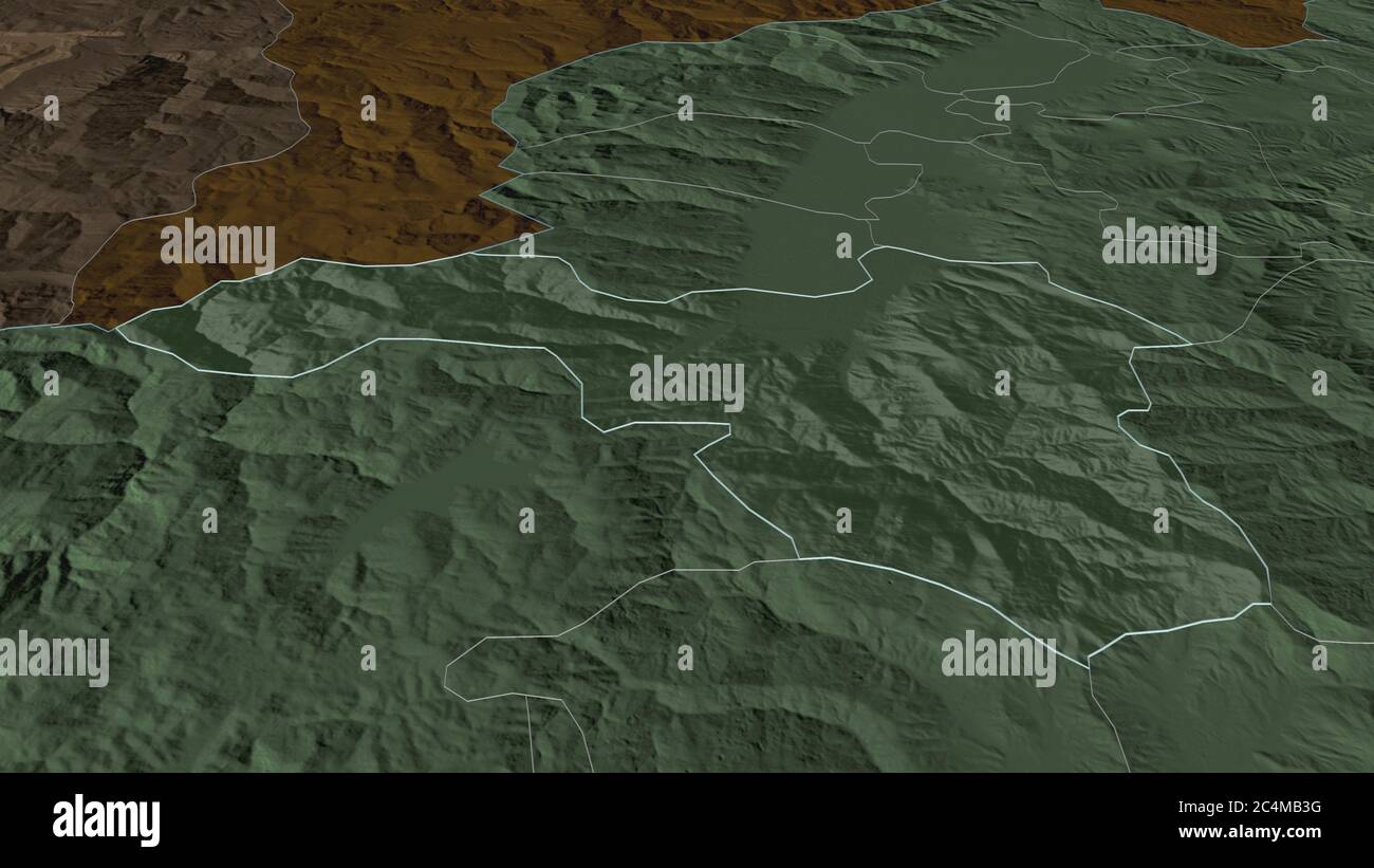 Zoom in on Gostivar (municipality of Macedonia) outlined. Oblique ...