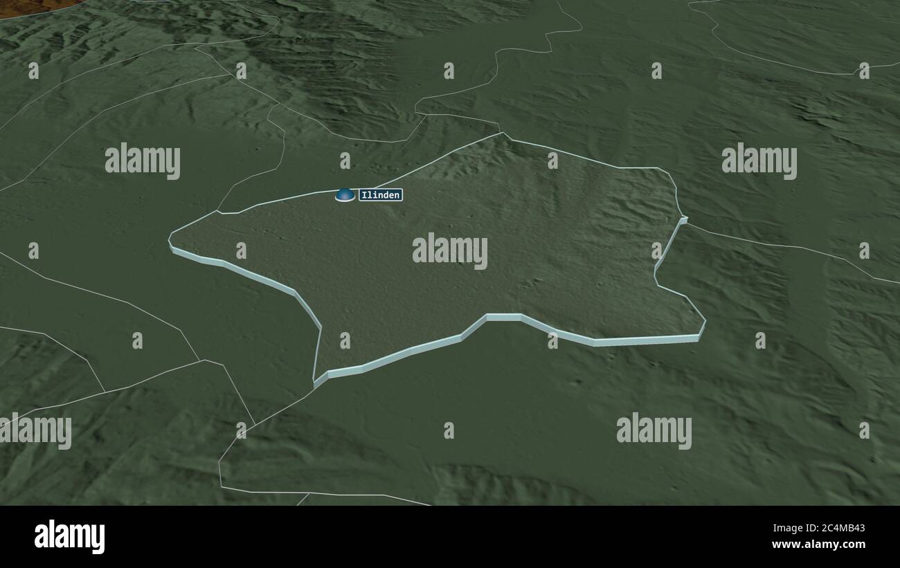 Zoom in on Ilinden (municipality of Macedonia) extruded. Oblique ...