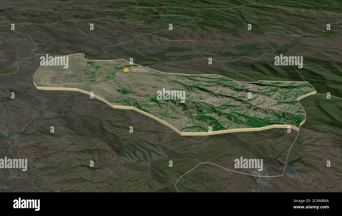 Zoom in on Karbinci (municipality of Macedonia) extruded. Oblique ...