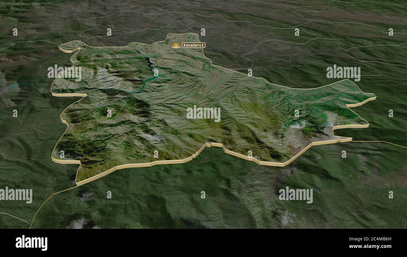 Zoom in on Kavadartsi (municipality of Macedonia) extruded. Oblique ...
