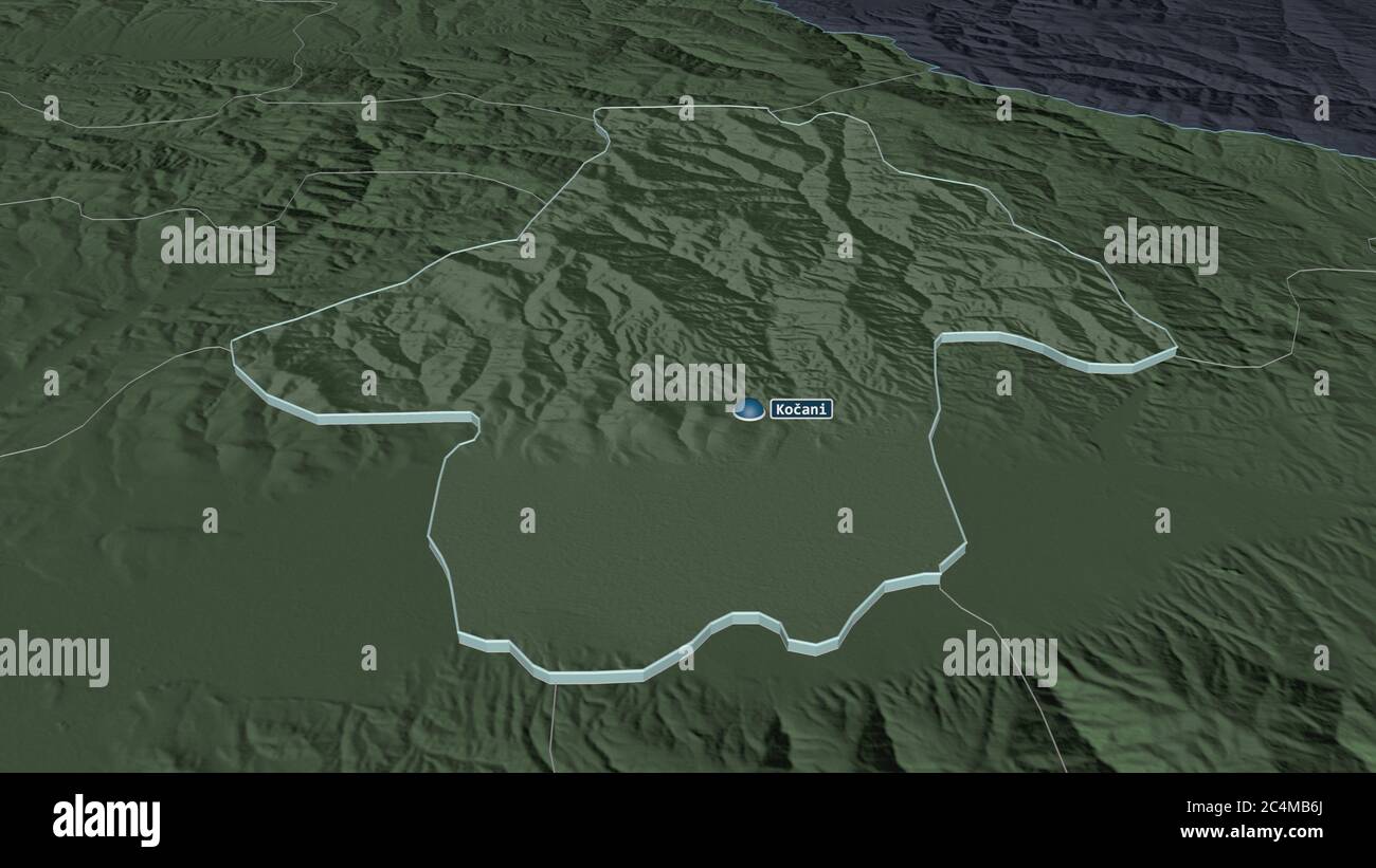 Zoom in on Kočani (municipality of Macedonia) extruded. Oblique ...