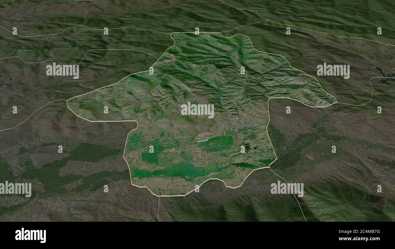 Zoom in on Kočani (municipality of Macedonia) outlined. Oblique ...