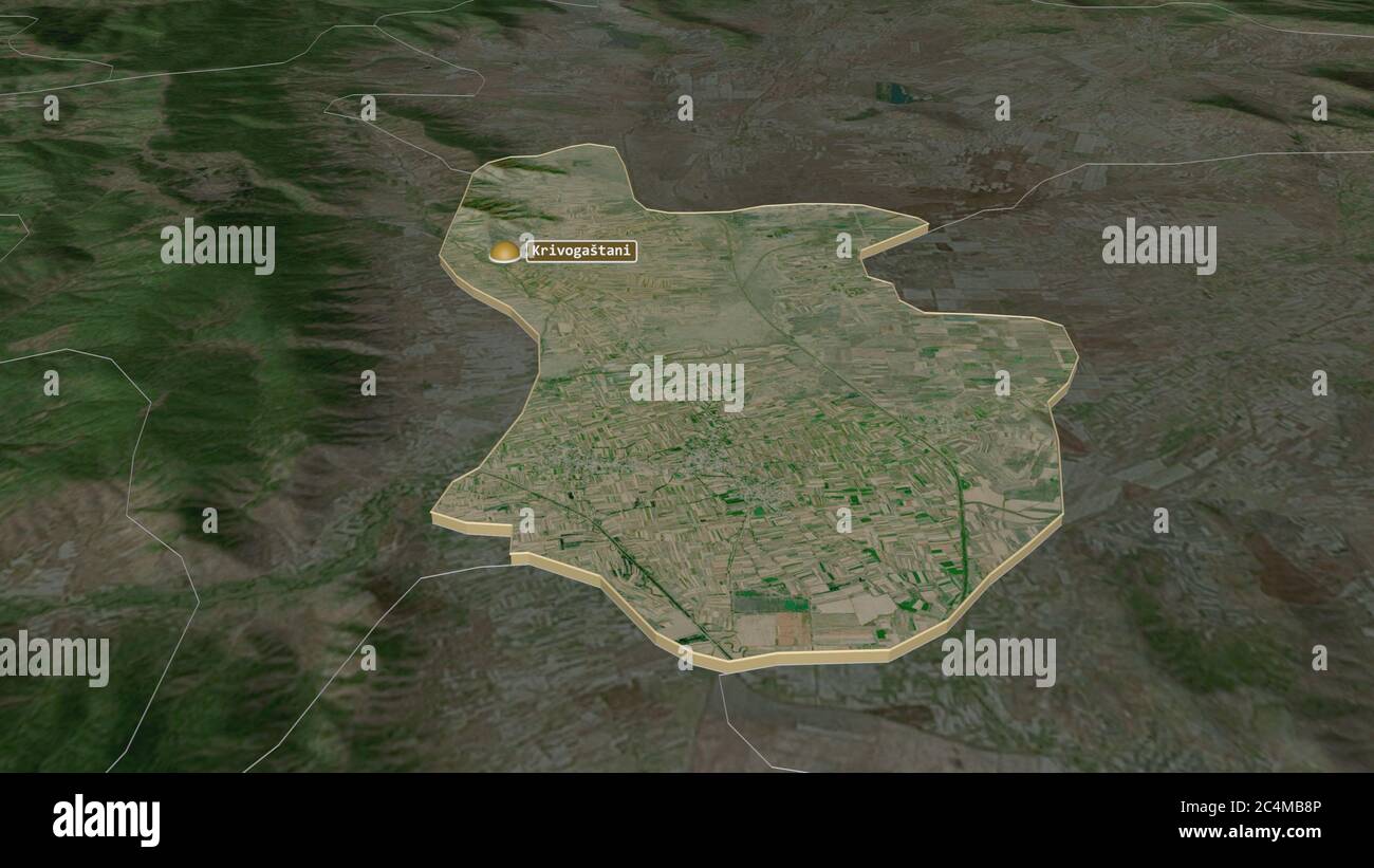 Zoom in on Krivogaštani (municipality of Macedonia) extruded. Oblique ...