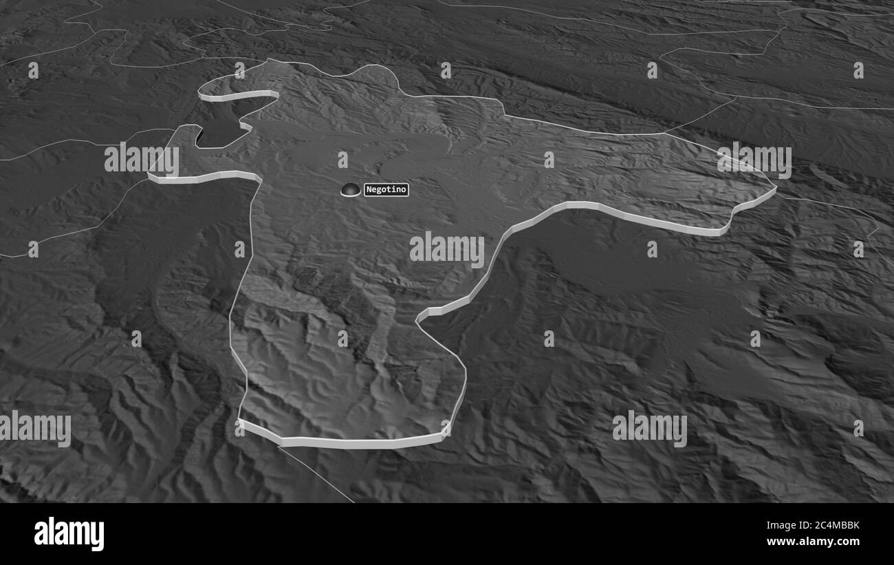 Zoom in on Negotino (municipality of Macedonia) extruded. Oblique ...