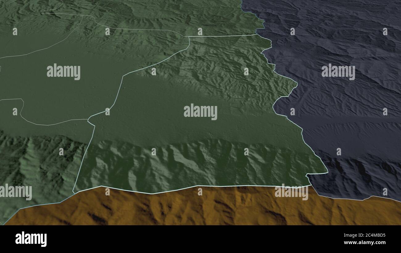 Zoom in on Novo Selo (municipality of Macedonia) outlined. Oblique ...
