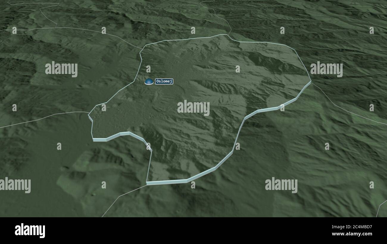 Zoom in on Oslomej (municipality of Macedonia) extruded. Oblique ...