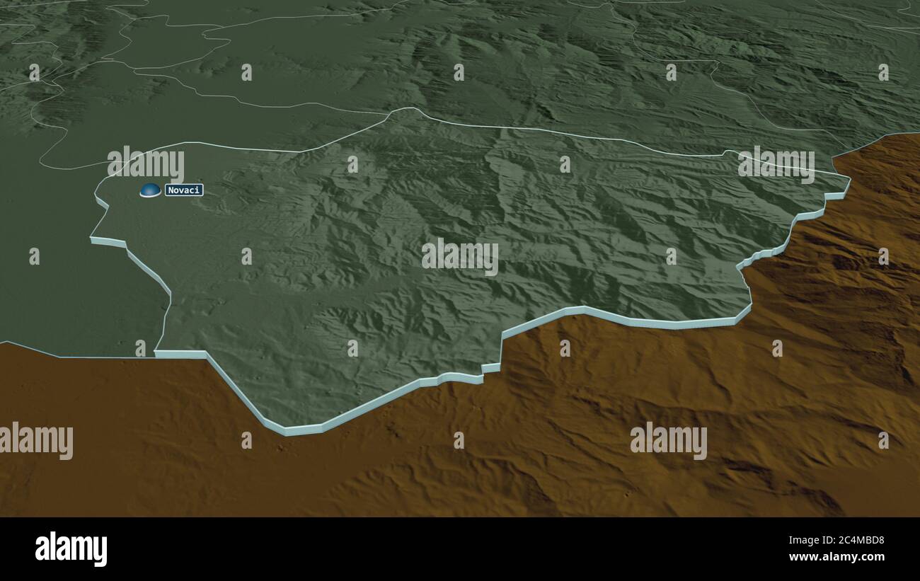 Zoom in on Novatsi (municipality of Macedonia) extruded. Oblique ...