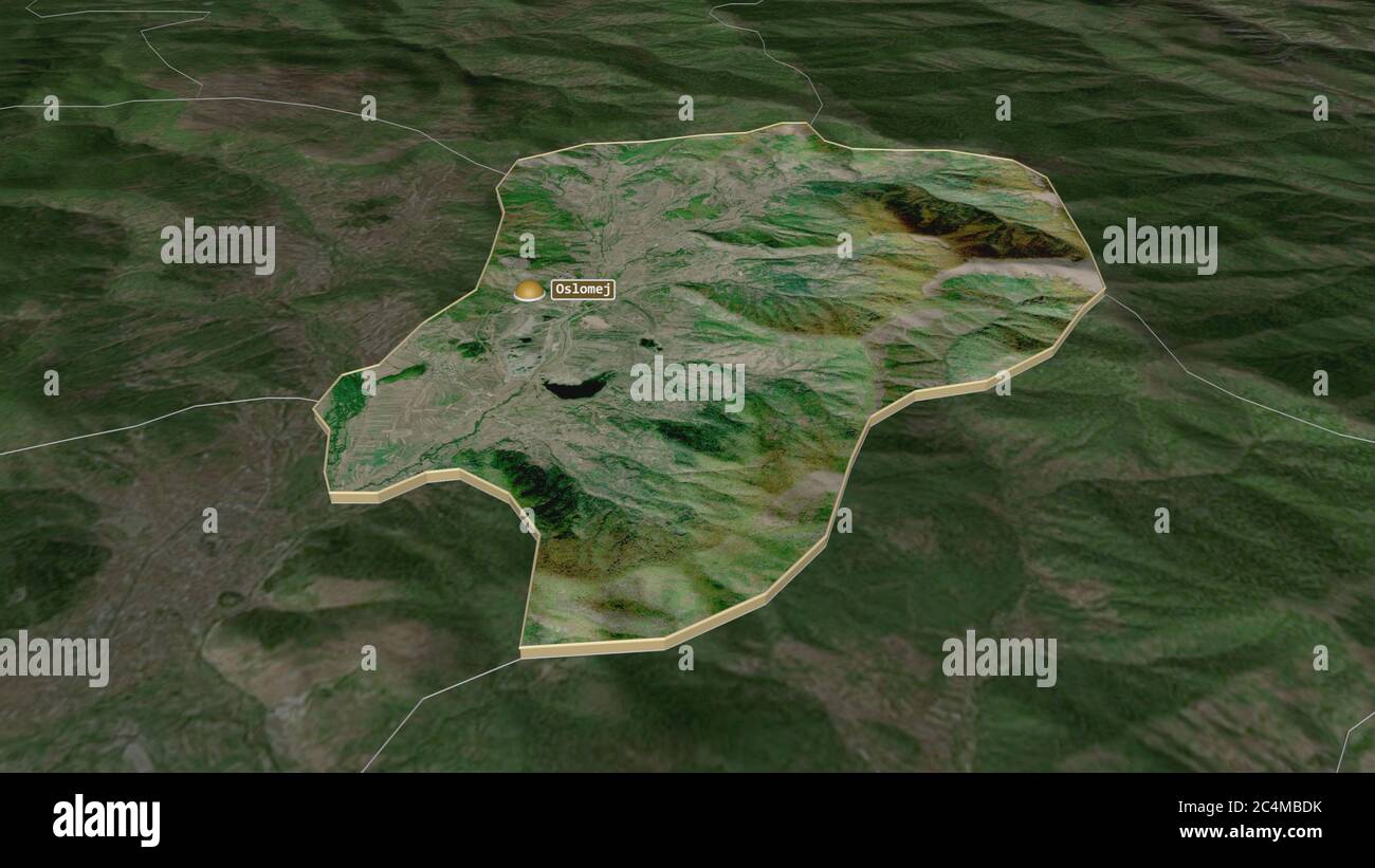 Zoom in on Oslomej (municipality of Macedonia) extruded. Oblique ...