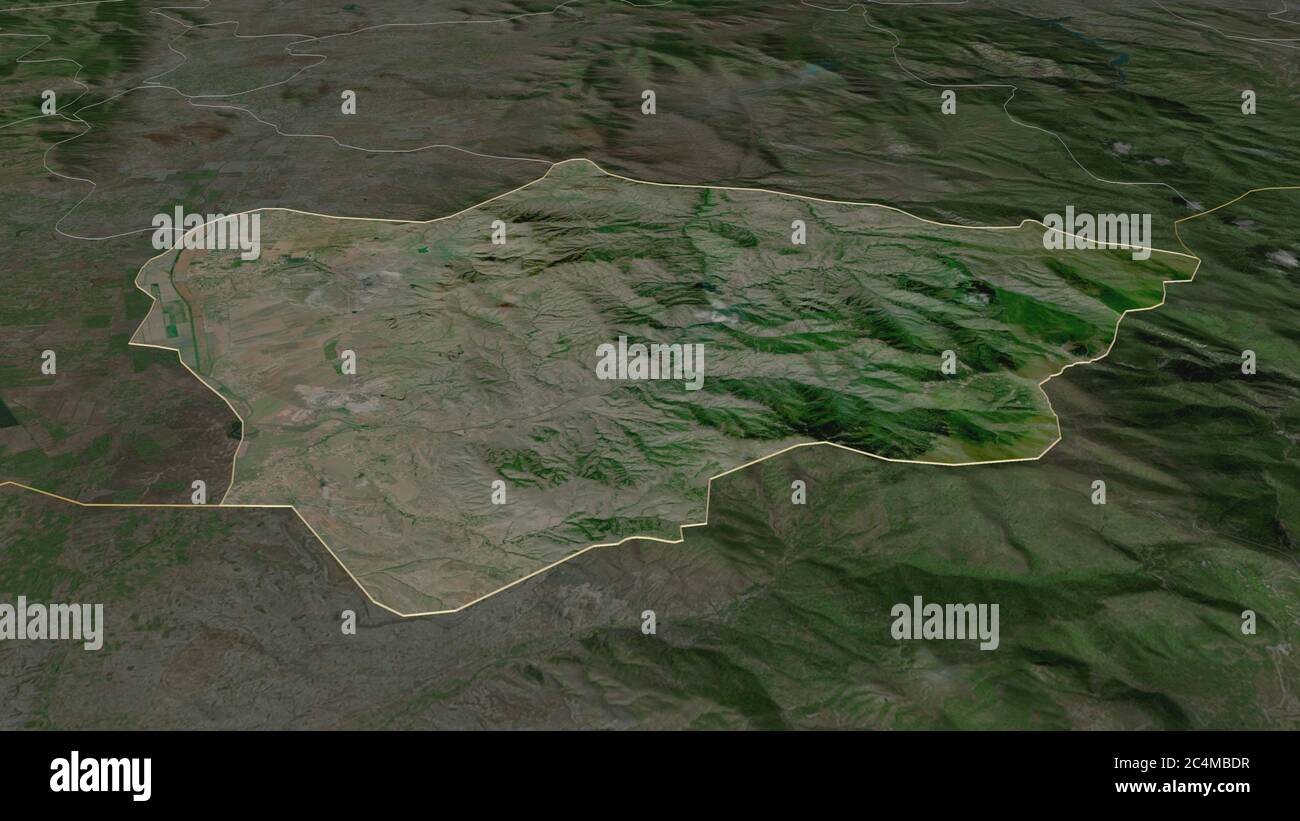 Zoom in on Novatsi (municipality of Macedonia) outlined. Oblique ...
