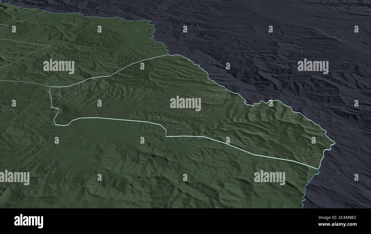 Zoom in on Pehčevo (municipality of Macedonia) outlined. Oblique ...