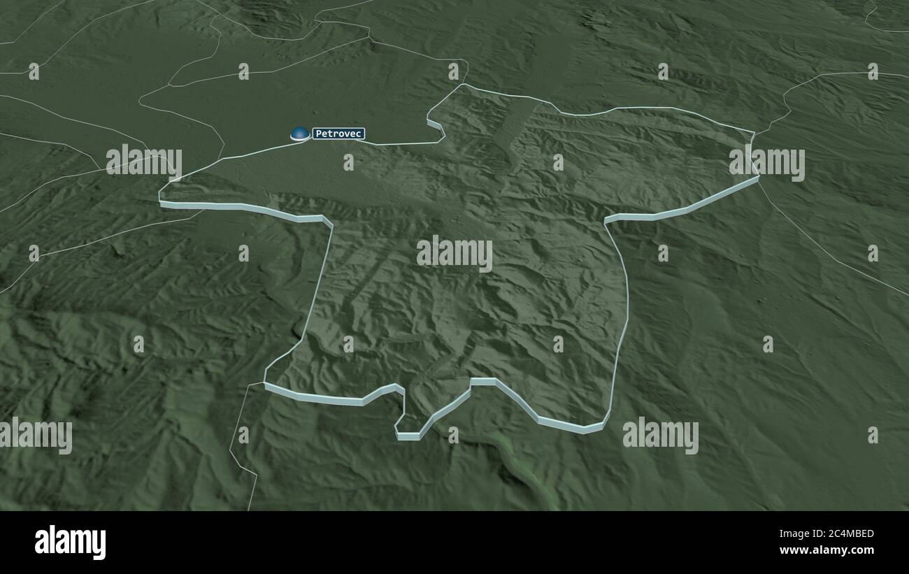 Zoom in on Petrovec (municipality of Macedonia) extruded. Oblique ...