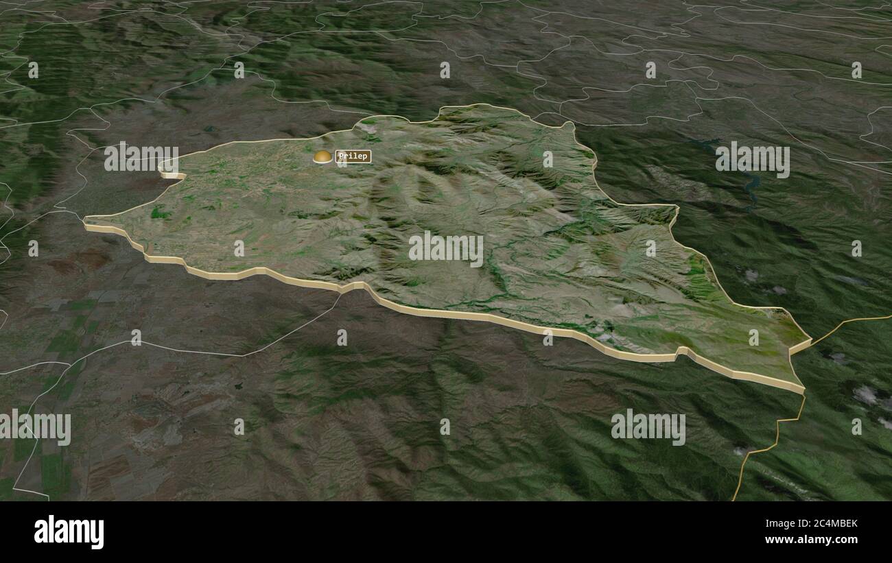 Zoom in on Prilep (municipality of Macedonia) extruded. Oblique ...