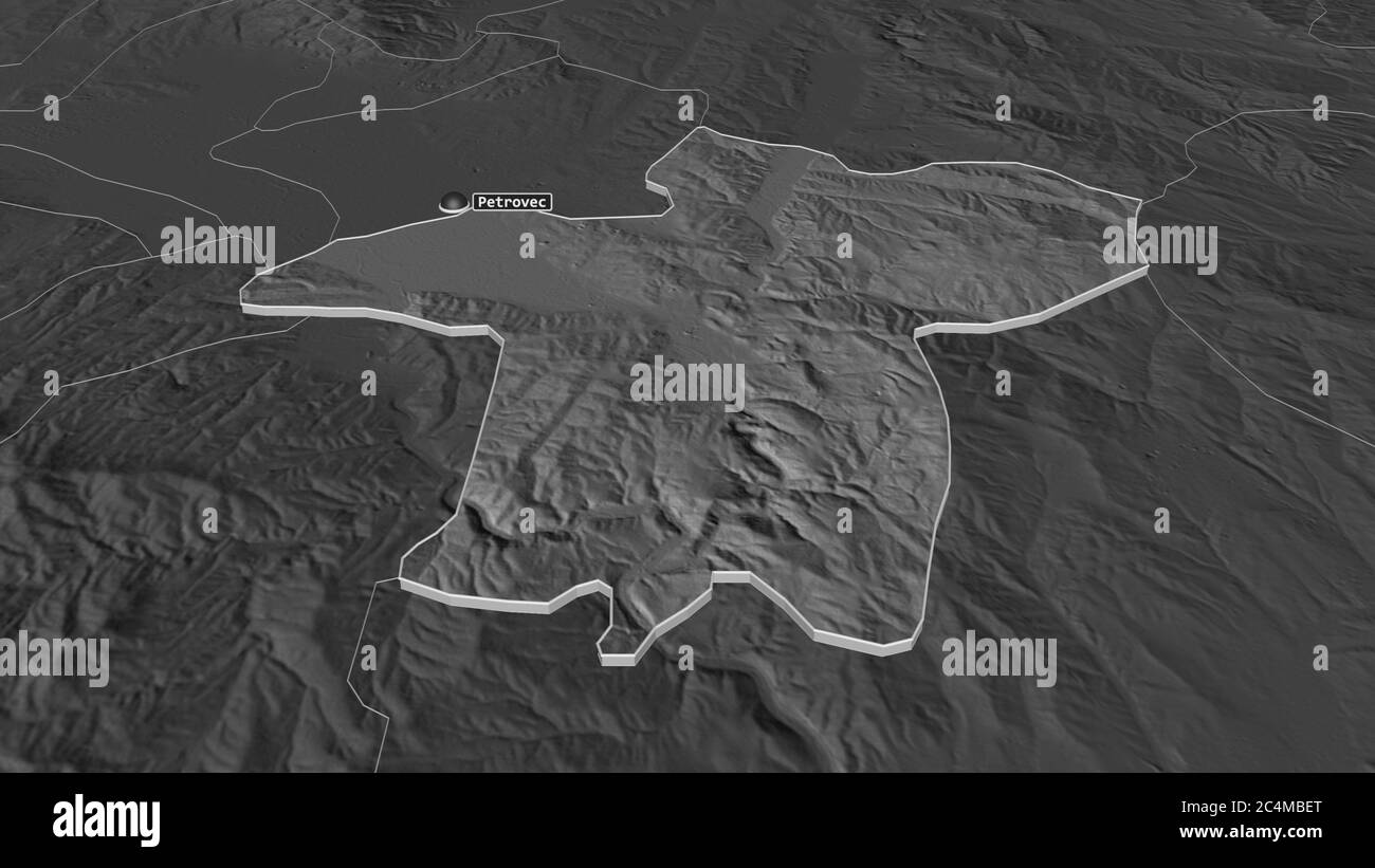 Zoom in on Petrovec (municipality of Macedonia) extruded. Oblique ...