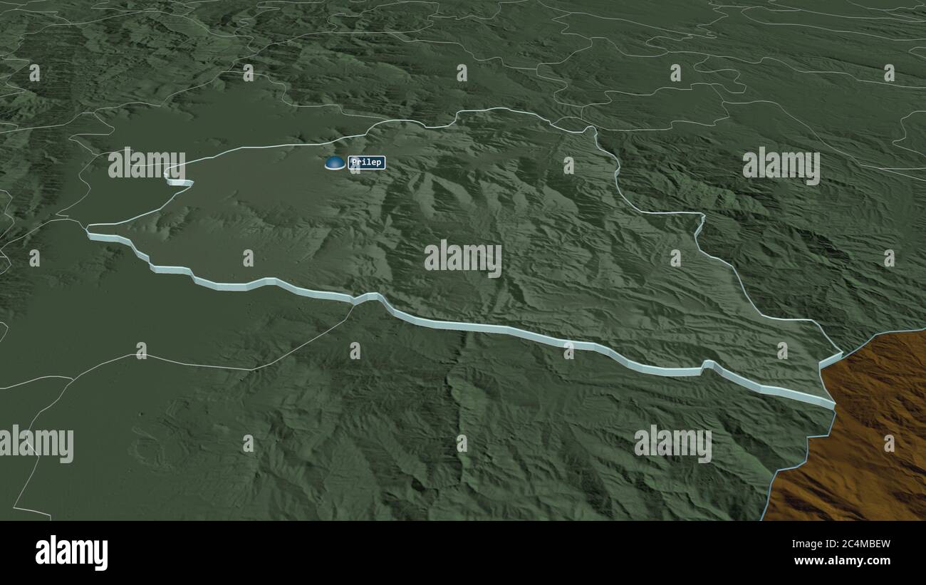 Zoom in on Prilep (municipality of Macedonia) extruded. Oblique ...