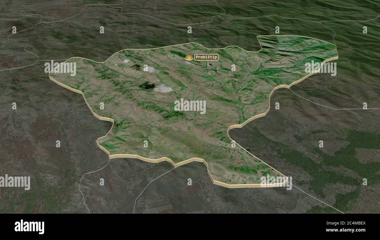 Zoom in on Probištip (municipality of Macedonia) extruded. Oblique ...