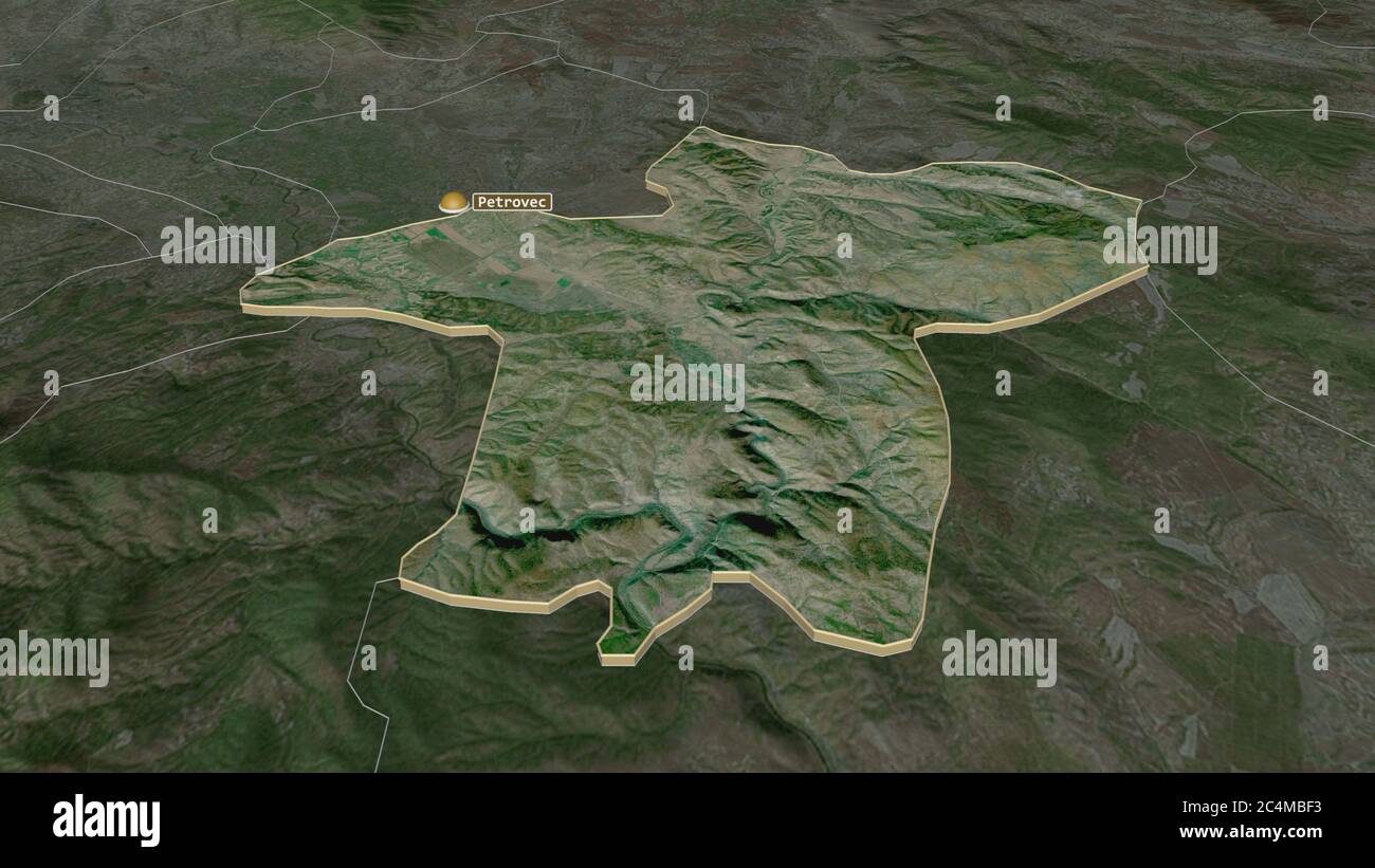 Zoom in on Petrovec (municipality of Macedonia) extruded. Oblique ...