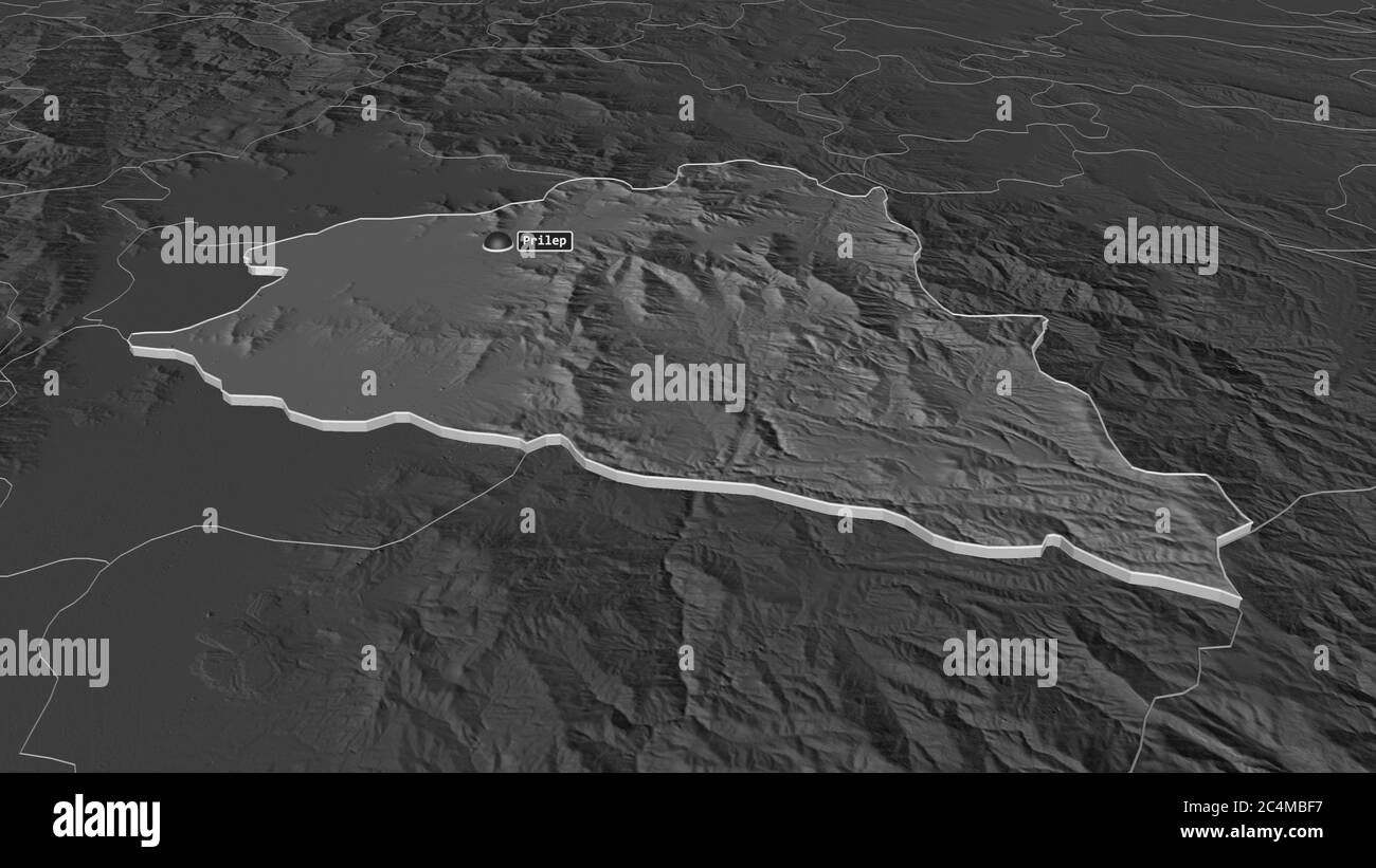Zoom in on Prilep (municipality of Macedonia) extruded. Oblique ...