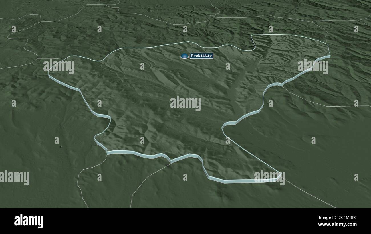 Zoom in on Probištip (municipality of Macedonia) extruded. Oblique ...