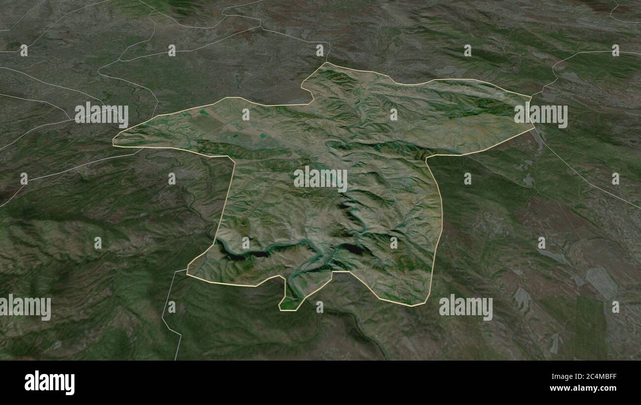 Zoom in on Petrovec (municipality of Macedonia) outlined. Oblique ...