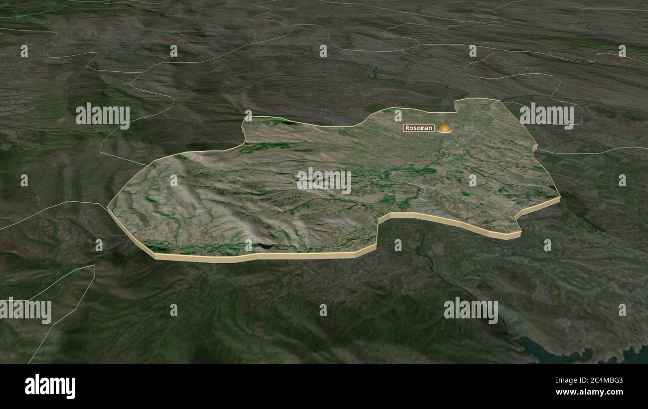 Zoom in on Rosoman (municipality of Macedonia) extruded. Oblique ...
