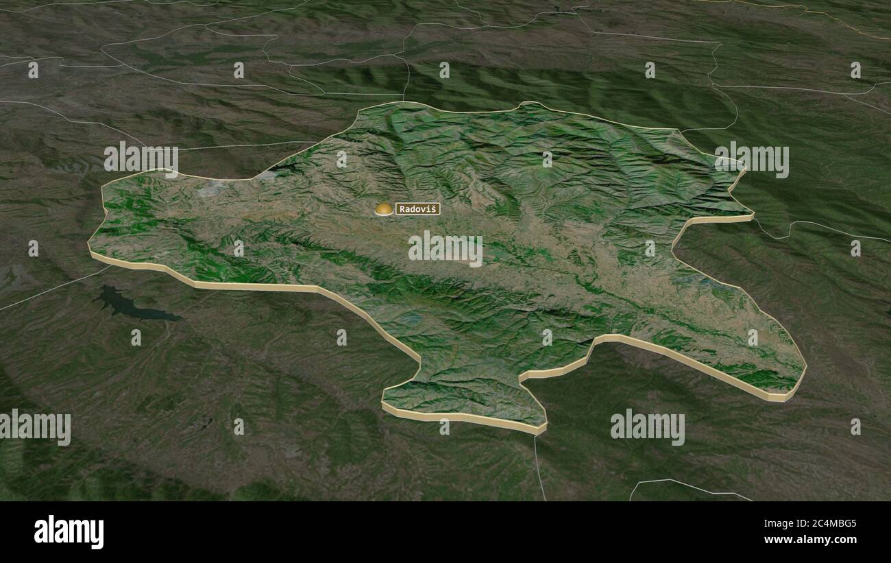 Zoom in on Radoviš (municipality of Macedonia) extruded. Oblique ...