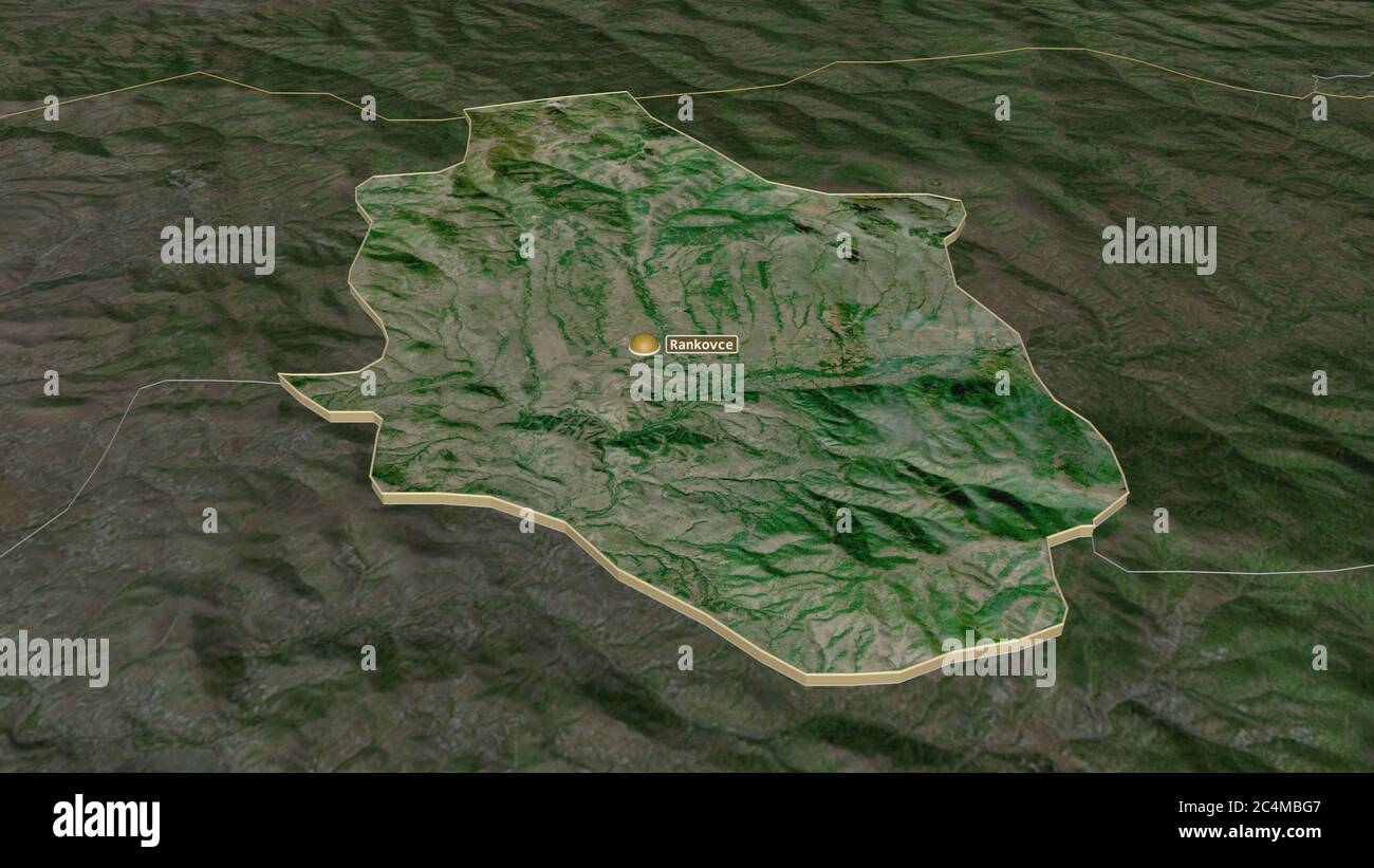 Zoom in on Rankovce (municipality of Macedonia) extruded. Oblique ...